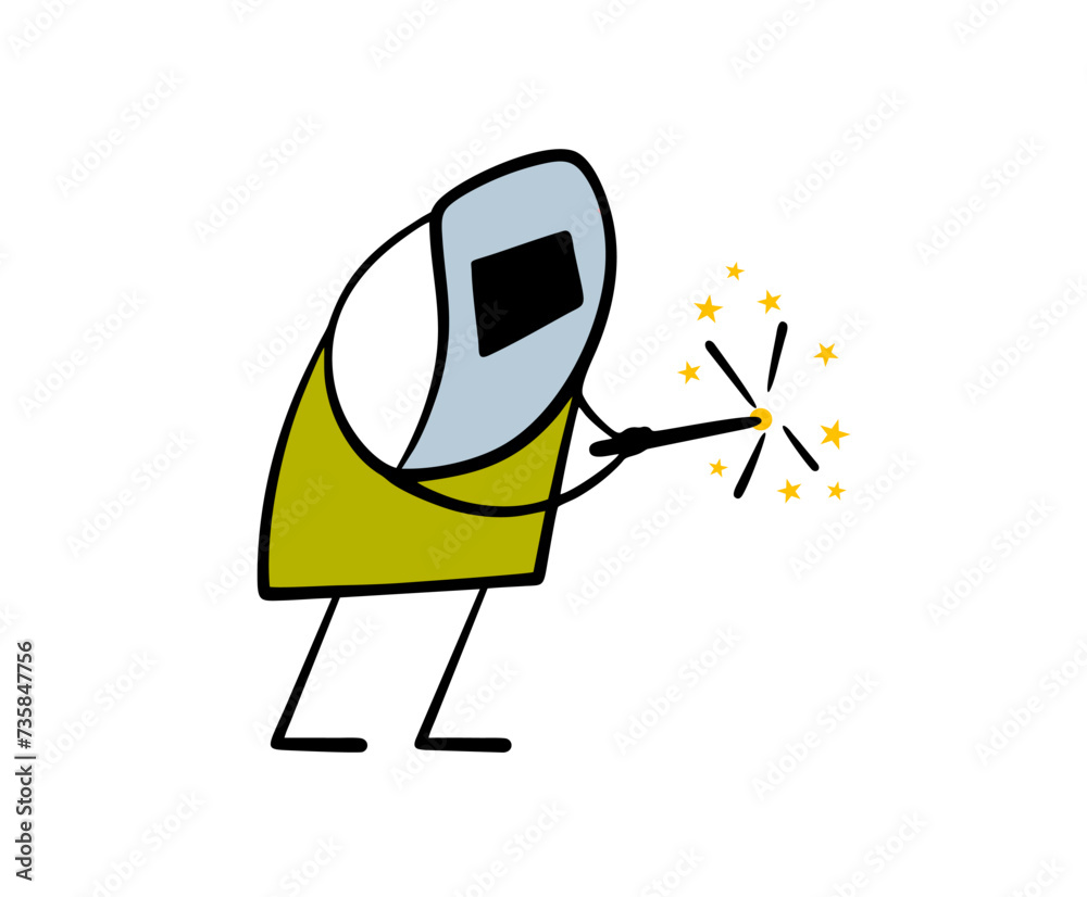 Doodle worker in a protective helmet holds tool and welds metal. Vector ...