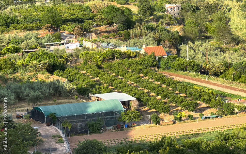 Rural landscape in Segorbe town. Farmhouse at vegetable field. Spain ...