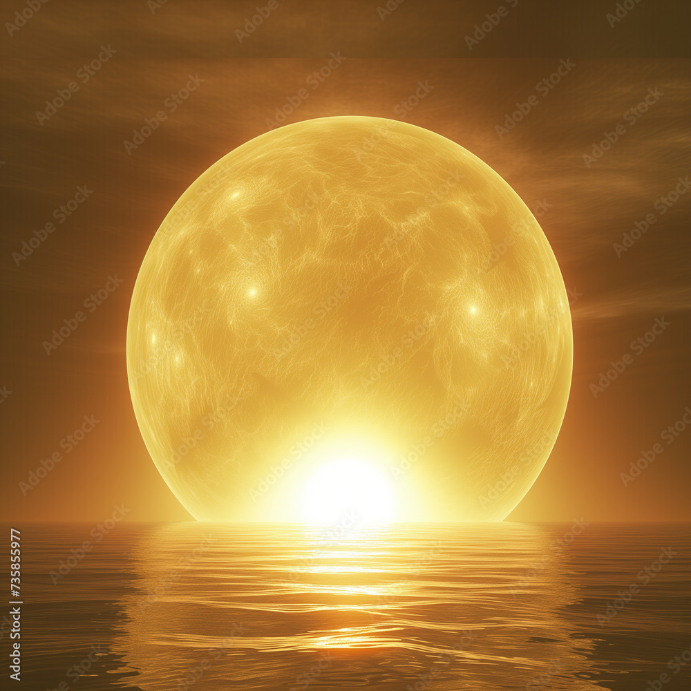 Golden Fantasy: A Giant Sun Rising Over Ocean Waves, Casting a Luminous ...