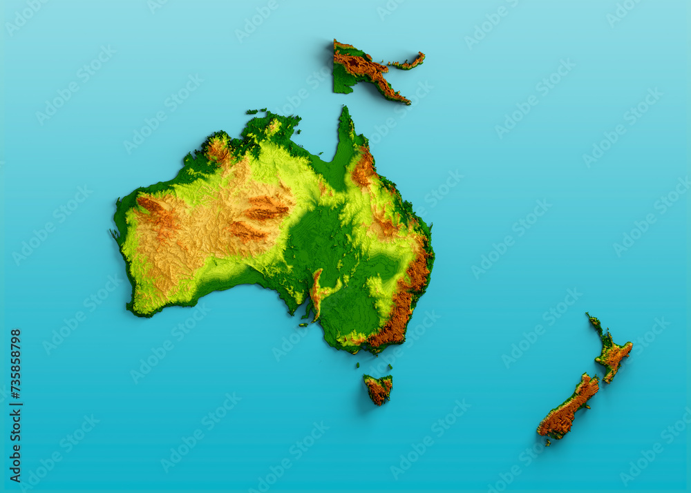 Oceania Map Shaded Relief Color Height Map On Sea Blue Background 3d ...