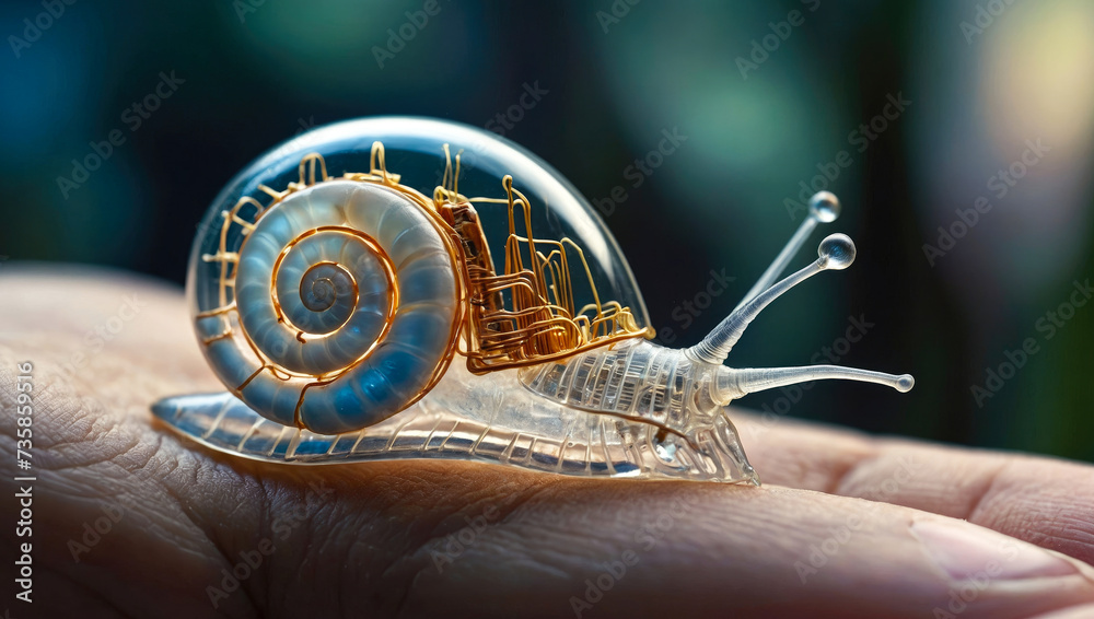 cybernetic transparent snail with lights and electrical terminations ...