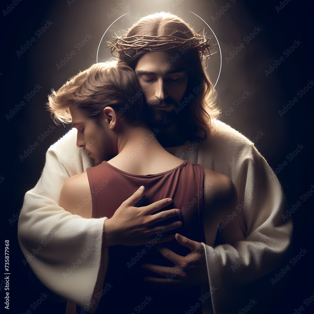 Jesus hugging man with love ilustração do Stock | Adobe Stock