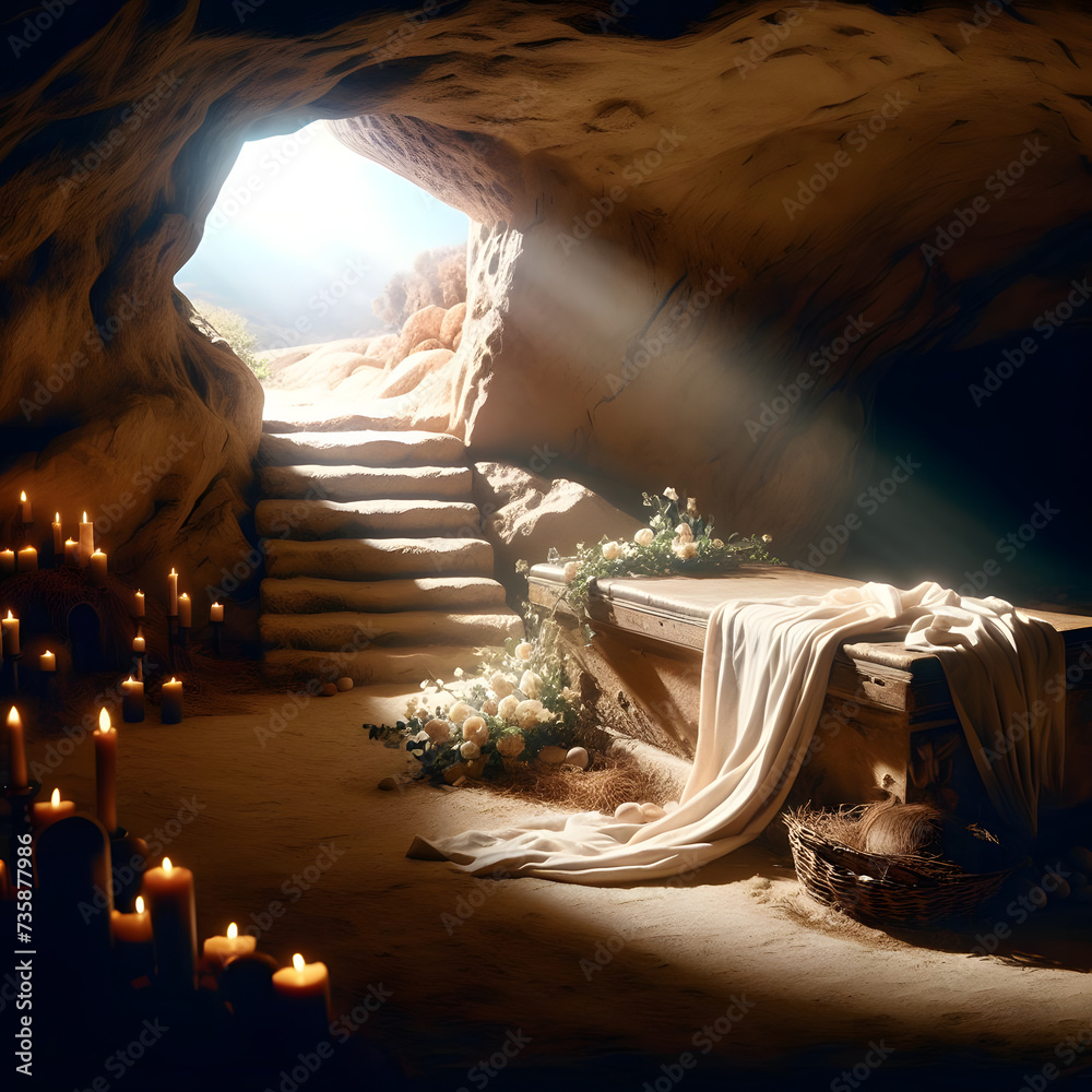 empty tomb with shroud on stone table. resurrection morning of Jesus ...