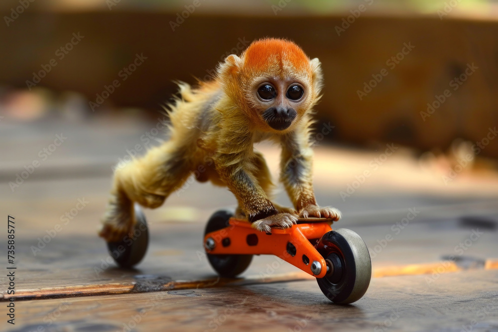 funny monkey on roller skates. a monkey rollerblades on the street ...