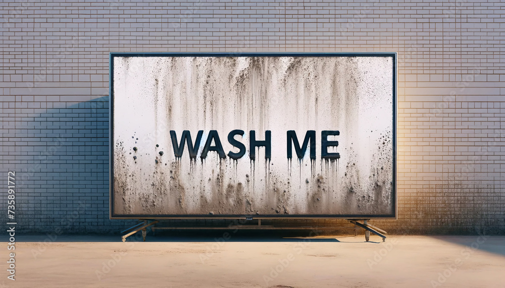 Time for a Clean Start: 'Wash Me' Message on a Dirty TV Screen Stock ...