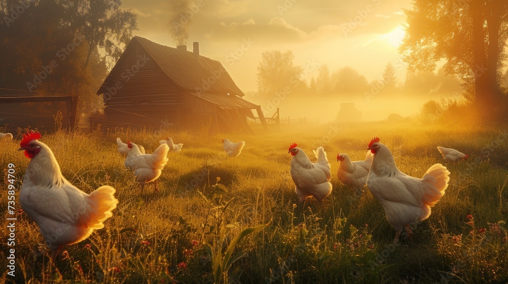 an empty farm greenfield at sunrise, where white hens roam freely, in ...