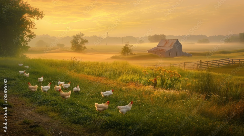 an empty farm greenfield at sunrise, where white hens roam freely, in ...