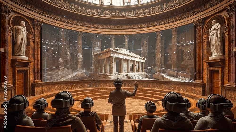 university lecture hall with circular rows of seats facing a large ...