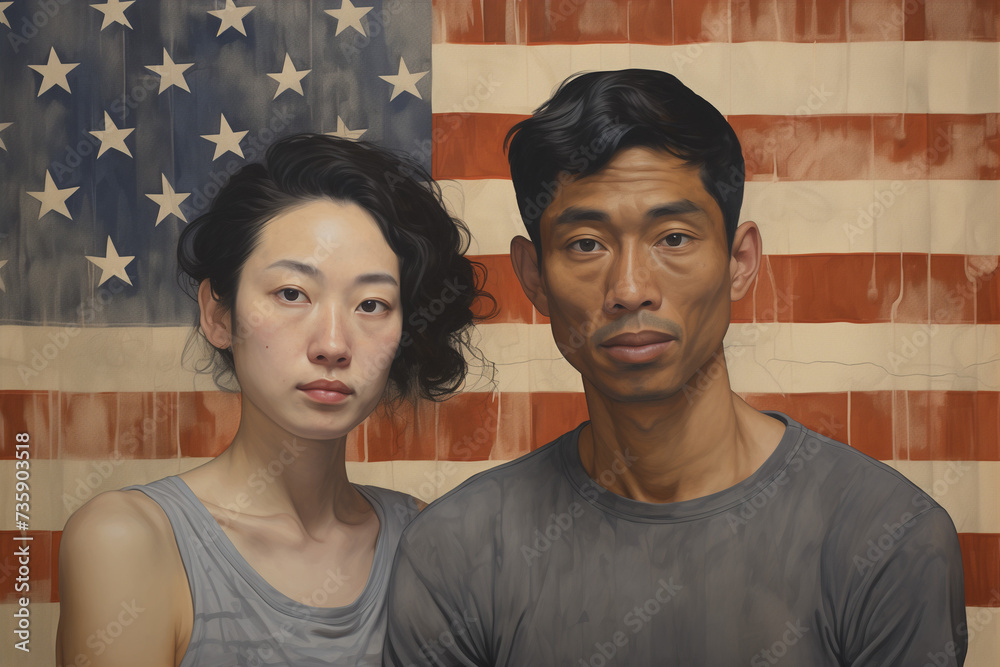 painting of an asian american couple in front of usa flag (star ...