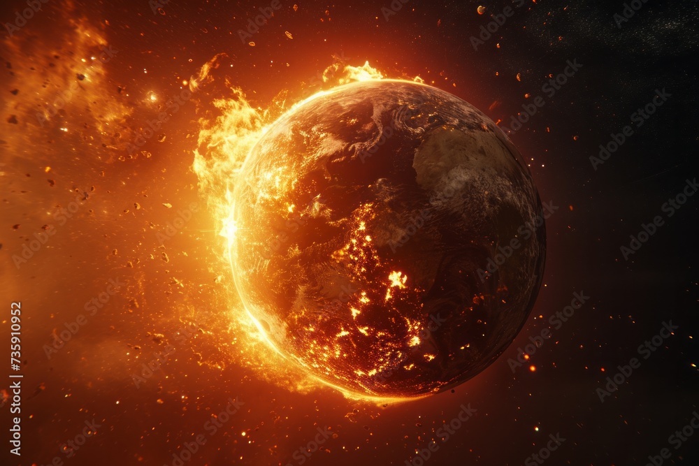 Apocalyptic vision of Earth engulfed in flames and lava, depicting ...