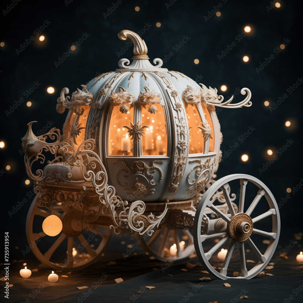 Cinderella's carriage in white and gold made of pumpkin. Fairy tale ...