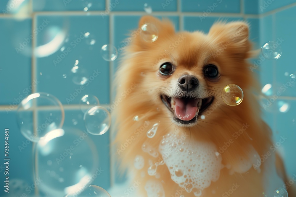 pomerenian dog with many soap bubbles flying around, blue bathroom tile ...