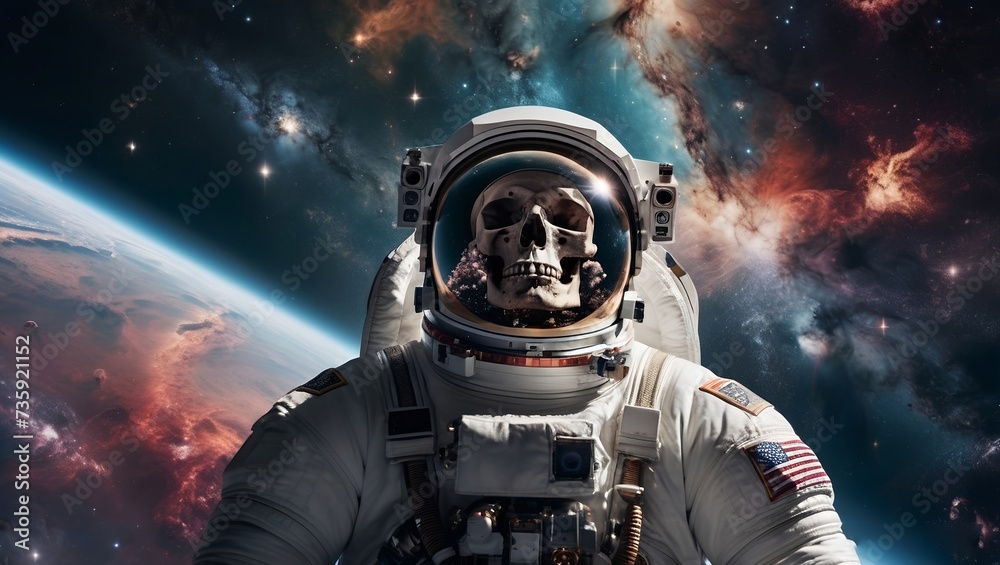 An astronaut turned into a skull floats in the cosmic ocean of galaxies ...