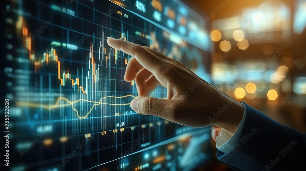 Hand of businessman touching touching a transparent monitor screen ...