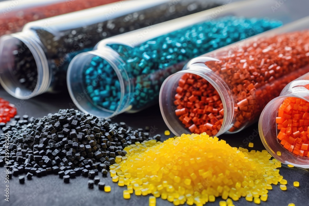 Multicolored cylindrical recycled plastic pellets arranged by color in ...