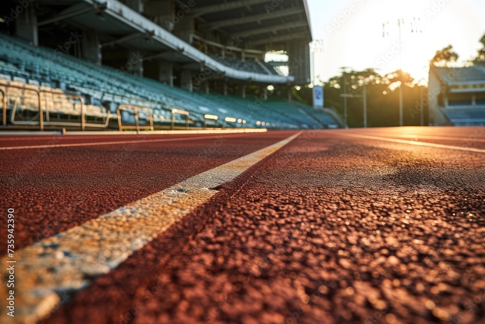 Red running track at the track and field stadium, low angle. The rough ...