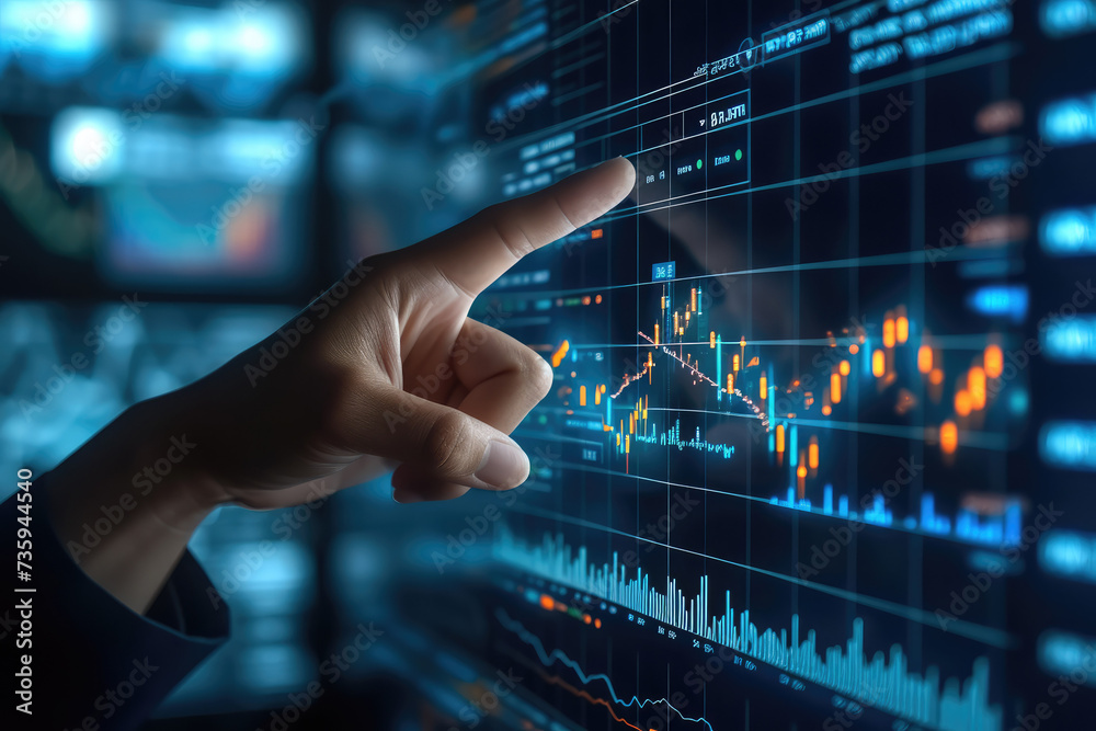 Finger touching data graph chart displayed on transparent screen ...