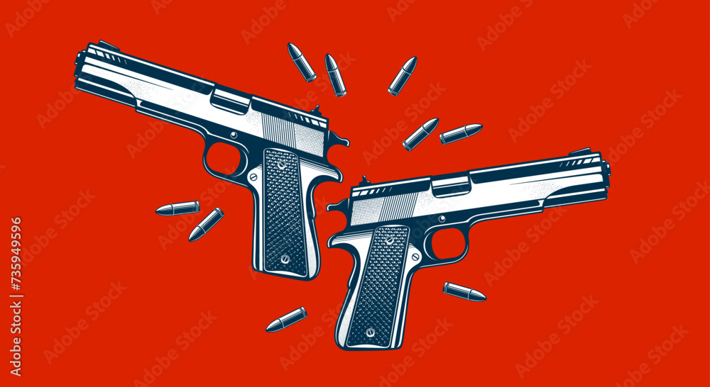 Detailed shotguns and bullets vector illustration in a classic graphic ...