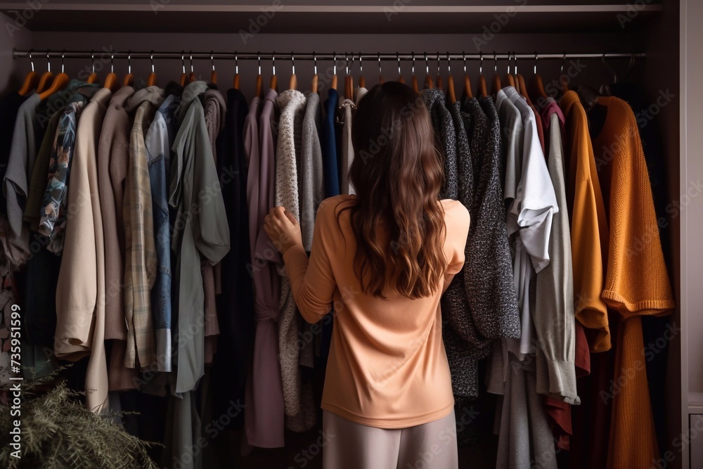 Depressed female standing near wardrobe rack full of clothes, having ...