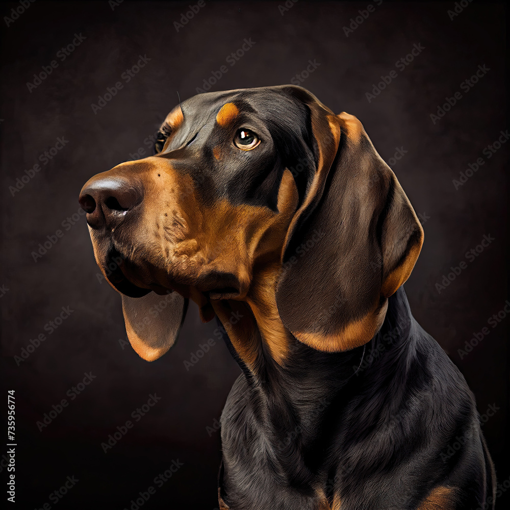 Elegant Black And Tan Coonhound Dog Portrait with Dark Backdrop Stock ...