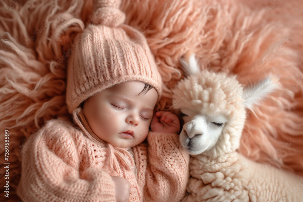 Sleeping baby in a soft peach fuzz bonnet lies next to a alpaca against ...