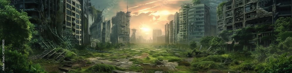 A desolate Earth, with remnants of cities overrun by nature, buildings ...