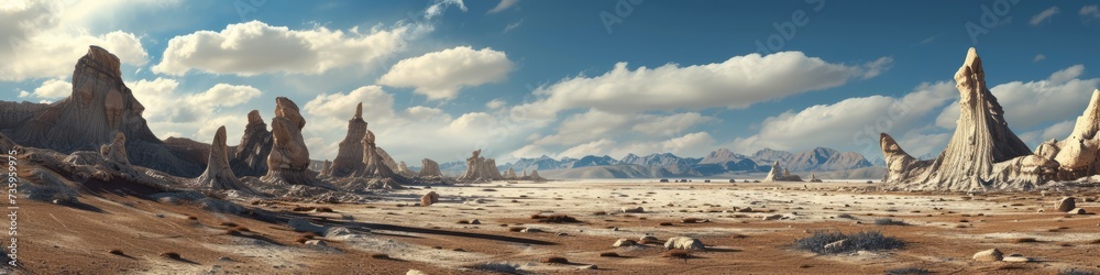 A desolate landscape of Earth before life, with towering wind-eroded ...