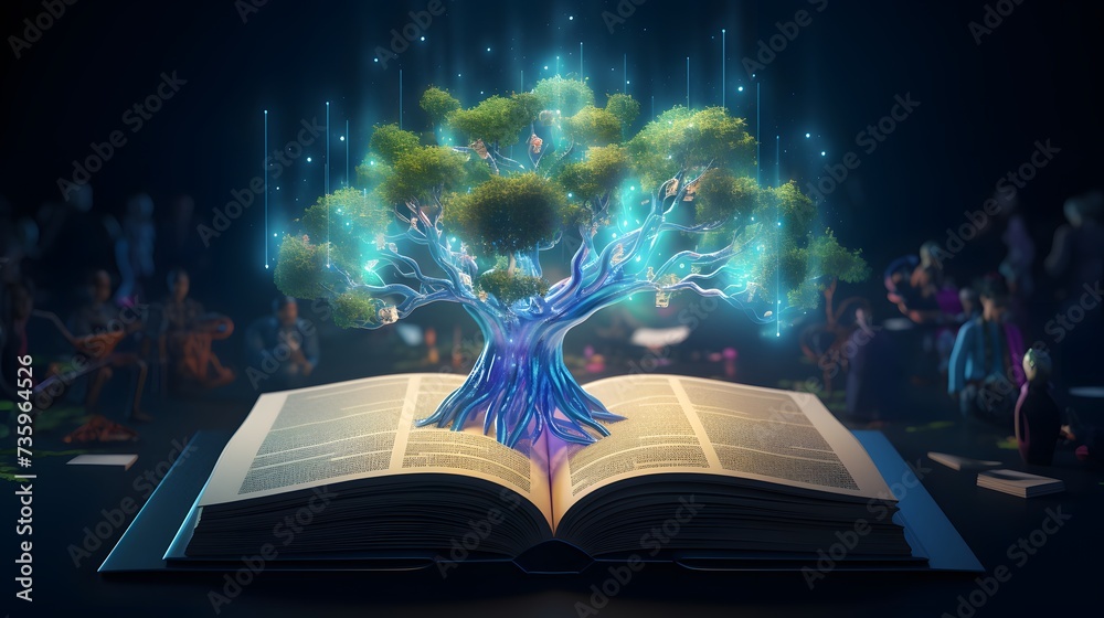 AI in Education. Digital book opening, with AI code and interactive ...