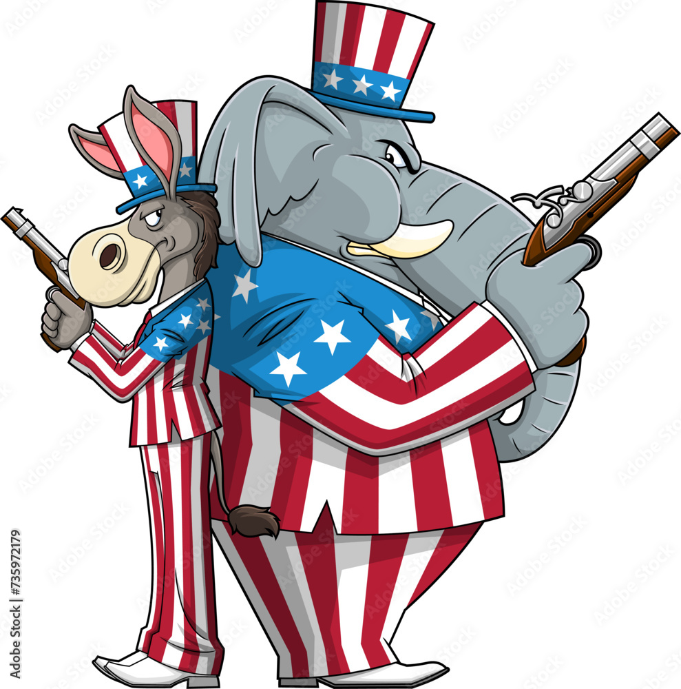 Democrat Donkey vs Republican Elephant Cartoon Characters Hold Pistols ...