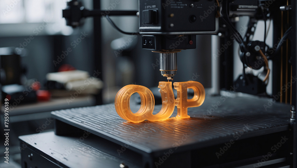 Close-up view of a 3D printer printing 3D parts, letters, numbers. The ...