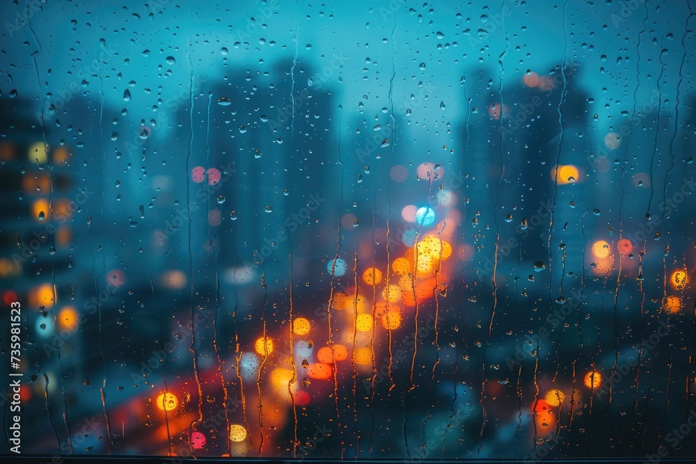 Panoramic window showing a view of a night time city lit up with lights ...