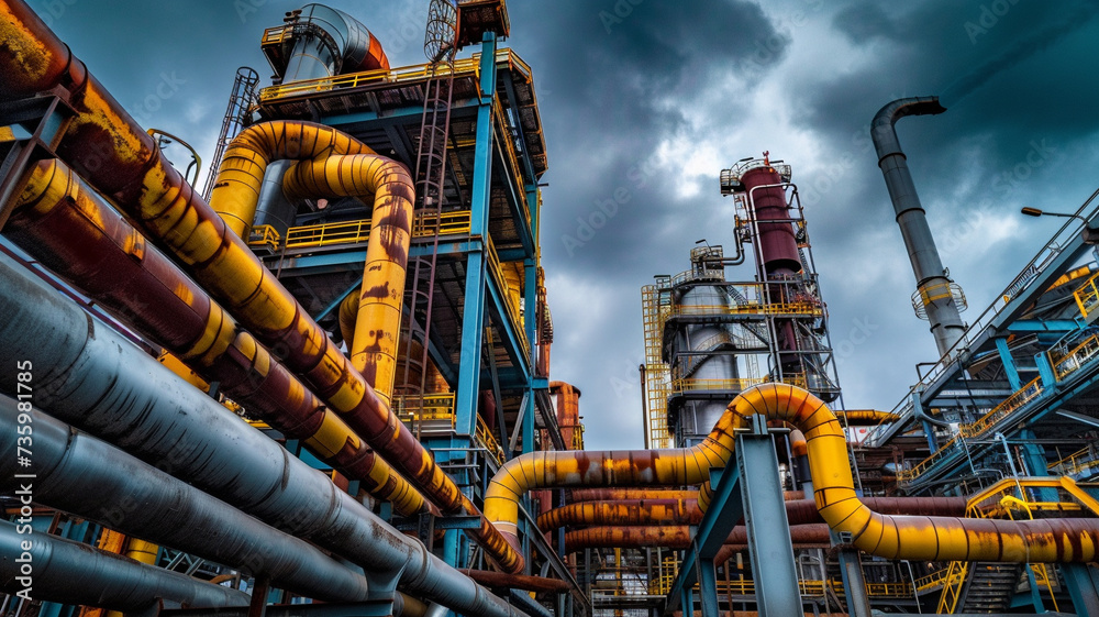 A close-up perspective of pipe racks and pipelines in an industrial ...