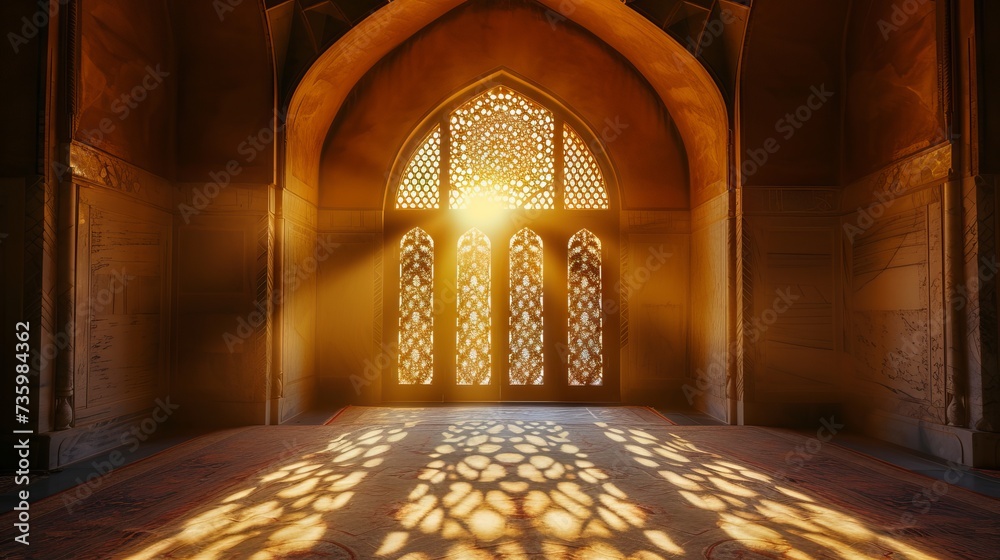 Beautiful mosque window with sun ray and calligraphy for Ramadan Kareem ...