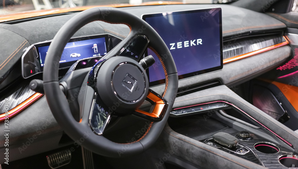 Zeekr 001 EV car interior - dashboard, player, steering wheel with logo ...