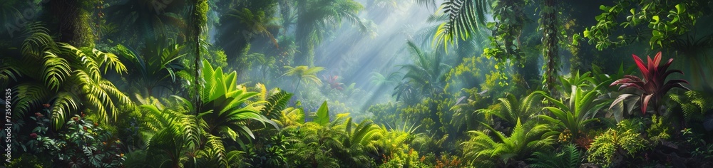 A prehistoric landscape dominated by towering megaflora, giant ferns ...