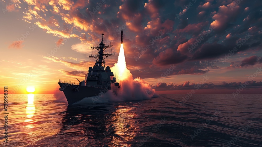 US Navy ships launch missiles at sunset, creating an intense and dramatic scene. Silhouetted ...