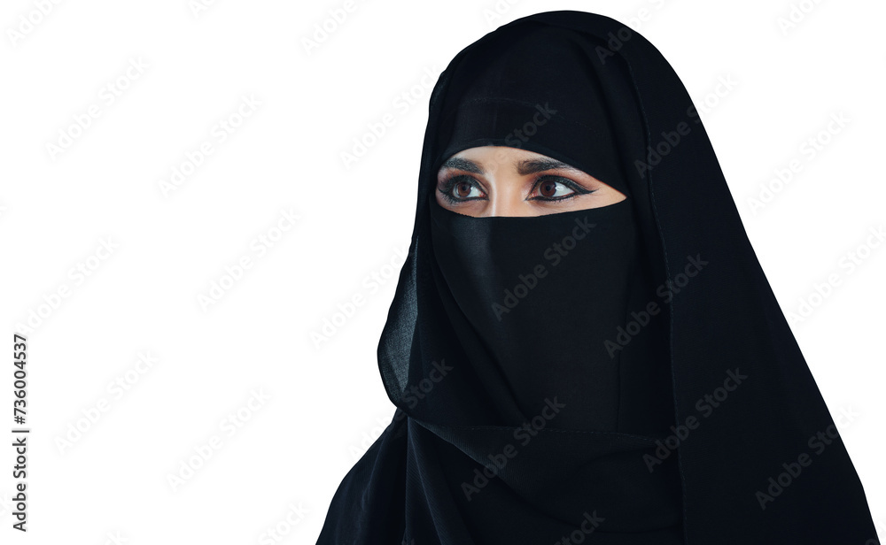 Woman, muslim and fashion with traditional niqab hijab, scarf or ...