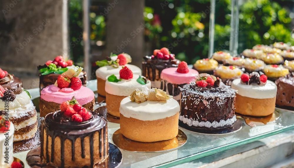 sweet and cute whole cakes lined up in a showcase full of various kinds ...