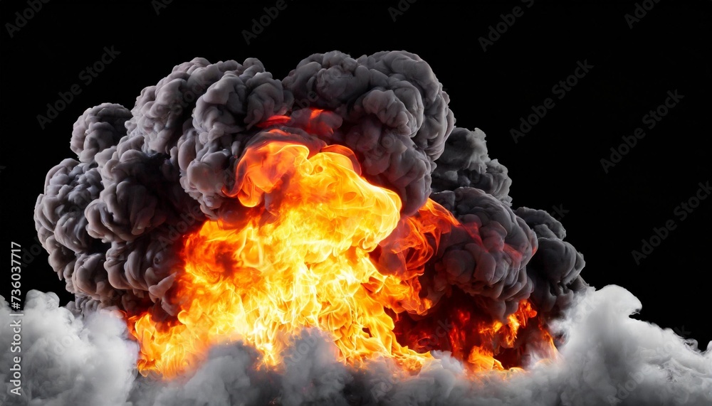 large fireball with black smoke fiery explosion with smoke isolated on ...