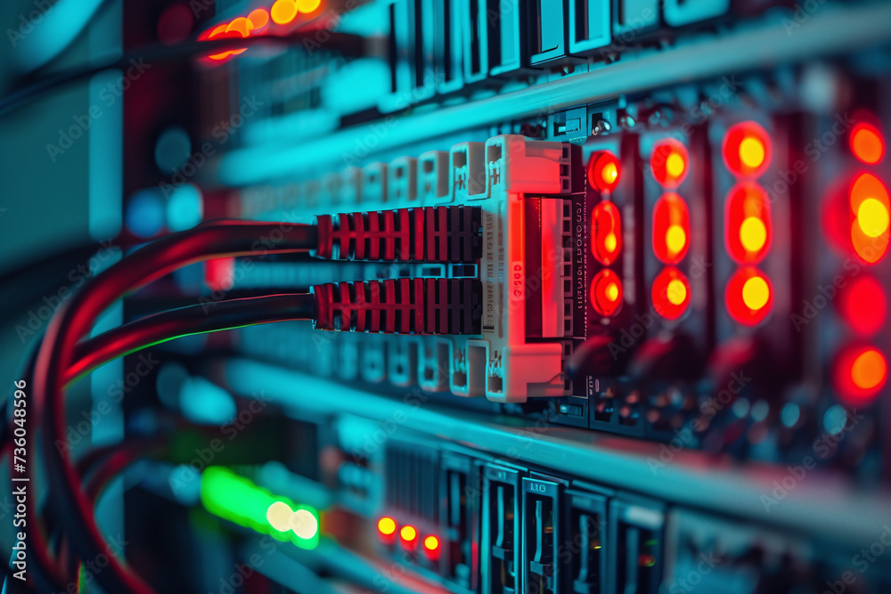 Close-up photo of patch panel with wires connected to it. Glowing ...