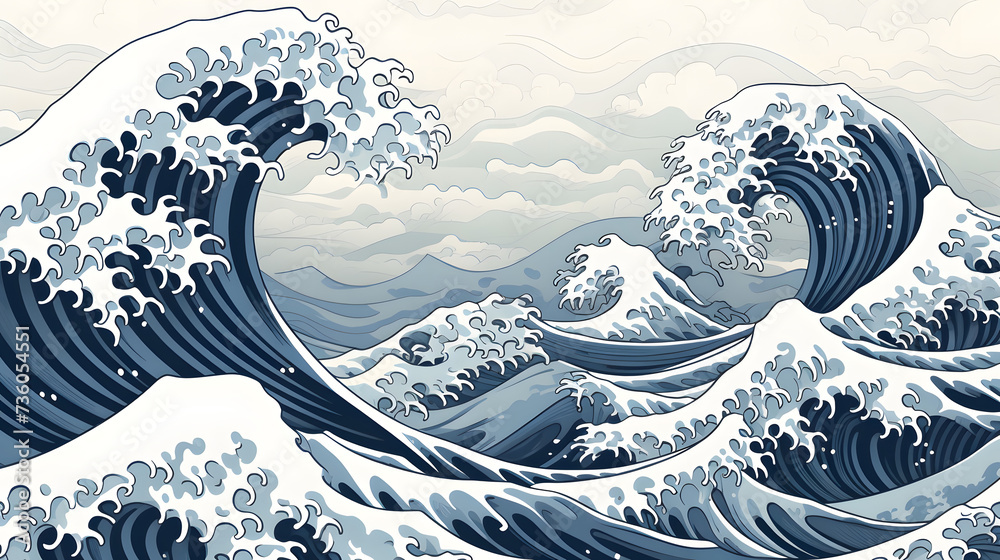 great wave, anime blue wave art, in the style of isolated landscapes ...