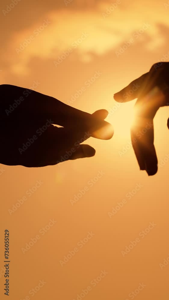 Silhouette of hands touching each other, sunset. Finger Touching hands ...