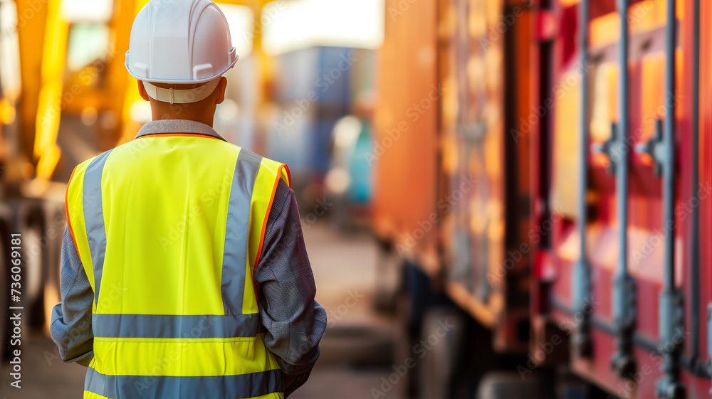 Worker in hi-vis and helmet at cargo area, representing industry ...