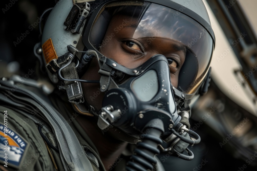 An African American Air Force pilot in full gear, preparing for takeoff ...