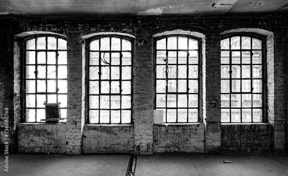 4 old factory windows in ruined historic industrial hall in Germany ...