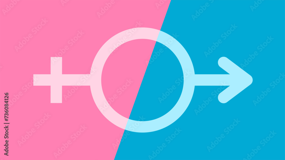 Male and female symbols split with a diagonal line, set against a half ...