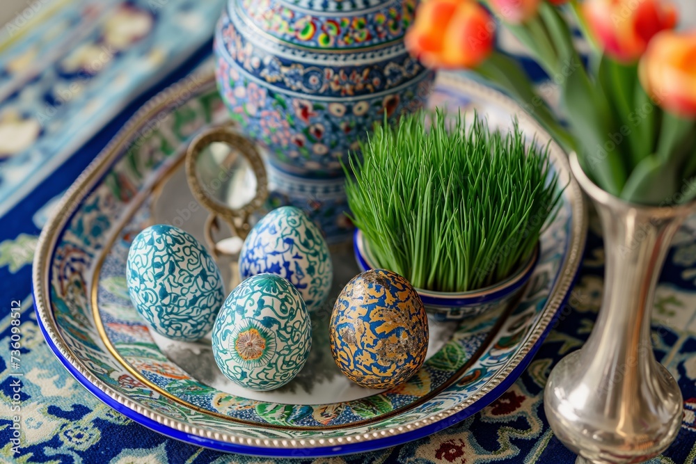 Nowruz table with traditional Haft Sina items such as sprouted wheat ...