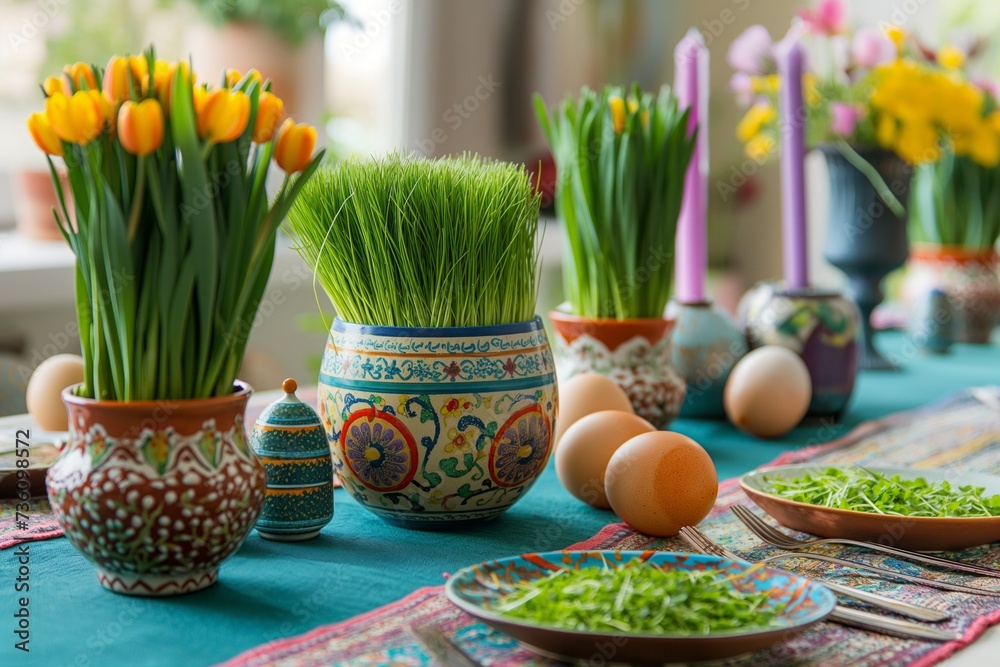 vibrant Nowruz table setting, adorned with traditional Haft-Seen items ...