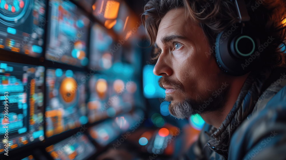 Computer engineer working on laptop computer with server room, data ...