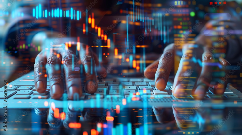 Hands typing rapidly on a keyboard with glowing digital data overlay ...